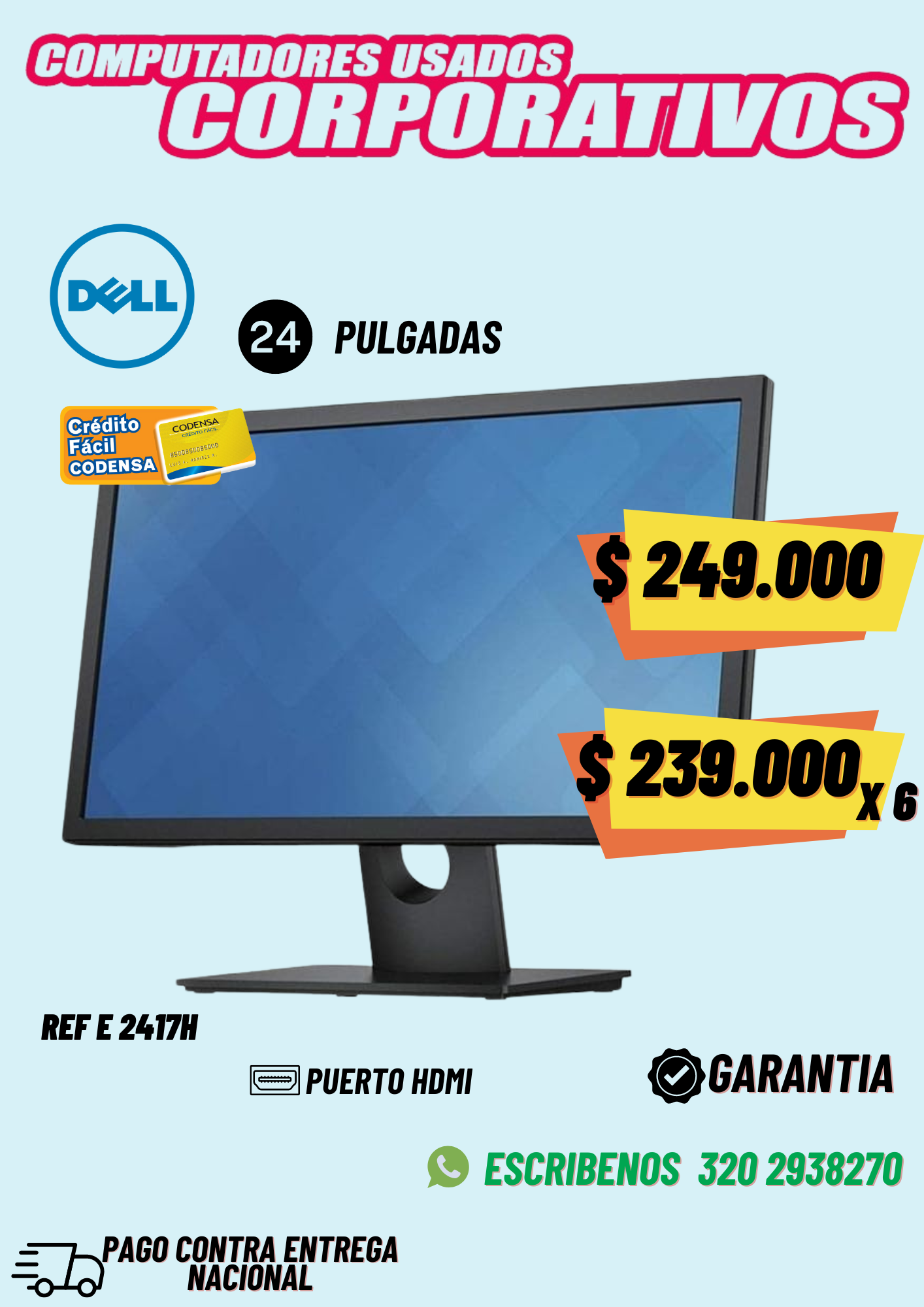 Monitor Dell E2417h 24 Pulgadas con pivote usados corporativos